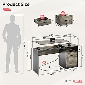 Bestier Lift Top Computer Desk with File Drawer, 60" Large Office Desk with Power Outlet USB Port Built in Writing Study Computer Table with Storage Workstation for Home Office Bedroom, Gray