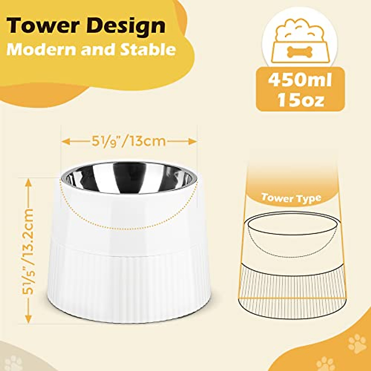 MSBC Elevated Dog Bowl, 15oz Small Raised Dog Feeder with Removable Stainless Steel Food and Water Bowl, Non-Skid & Non-Spill Dog Dish for Small Dogs and Cats, Raised Cat Bowl, Dishwasher Safe, White