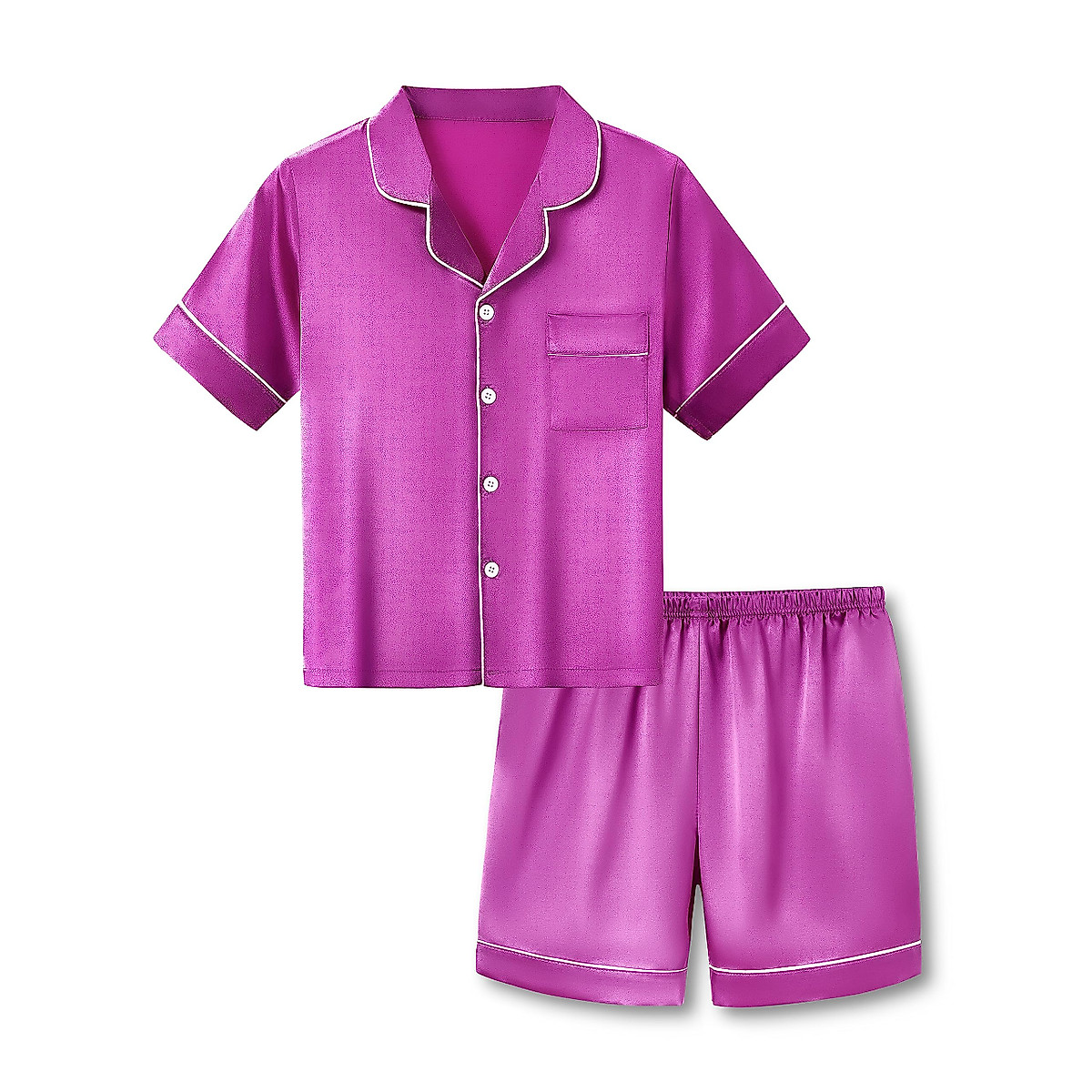Beezizac Little & Big Girls Pajama Set Size 12 - Bright Pink Satin Silky Cute Summer Shorts Outfit