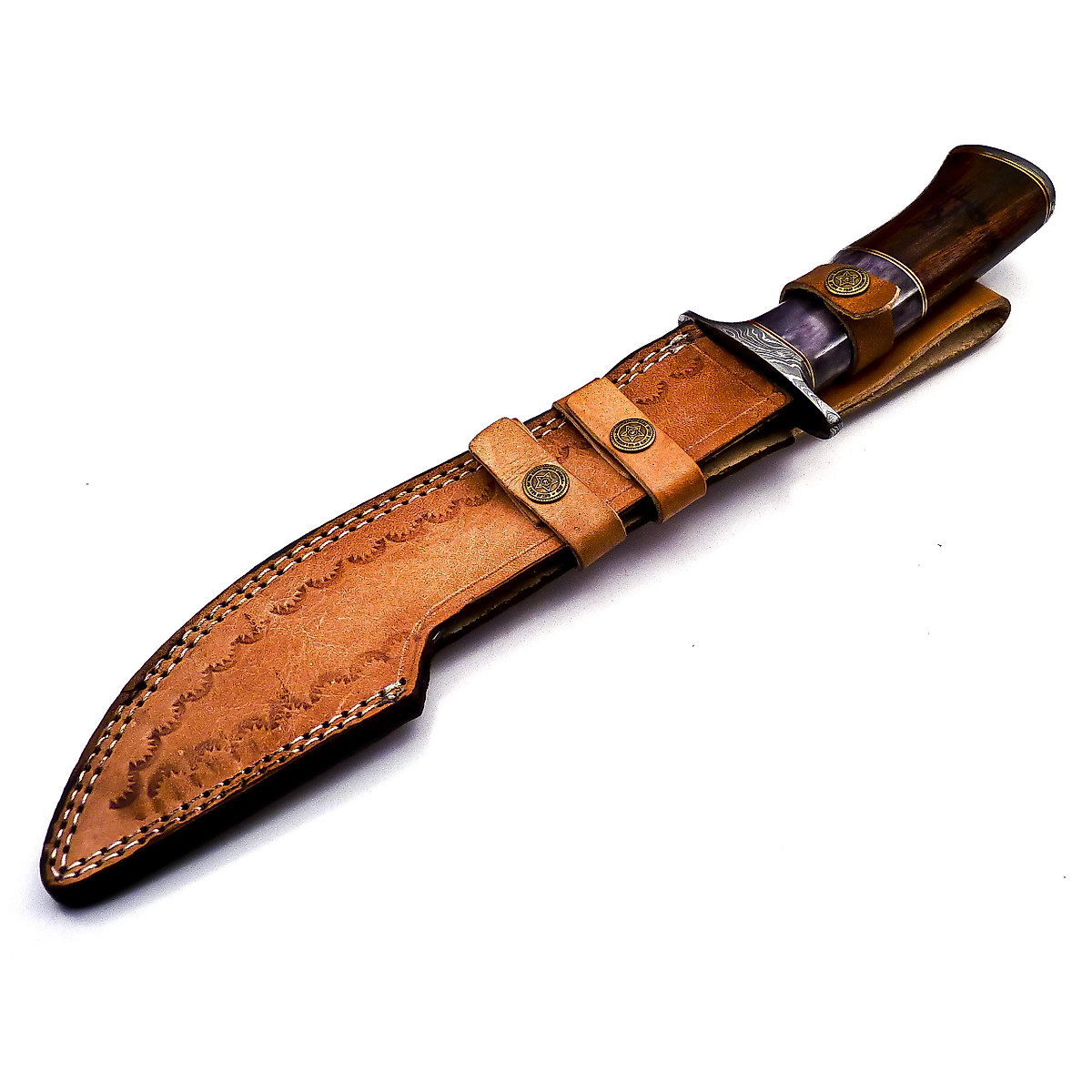 Nooraki BK-42 Handmade Damascus Steel Fixed Blade Bowie Knife with Leather Sheath, Full Tang Multipurpose Knife with Solid Marindi Wood and Bull Horn Bone Handle for Outdoor Use, 15", B/White