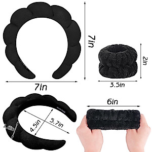 Zkptops Spa Headband for Washing Face Wristband Sponge Makeup Skincare Headband Terry Cloth Bubble Soft Get Ready Hairband for Women Girl Puffy Padded Headwear Non Slip Thick Hair Accessory(Black)