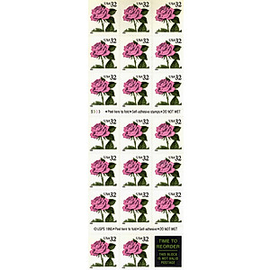 USPS 1995 Pink Rose Full Booklet Pane of 20 x 32 Cent Postage Stamps Scott 2492a