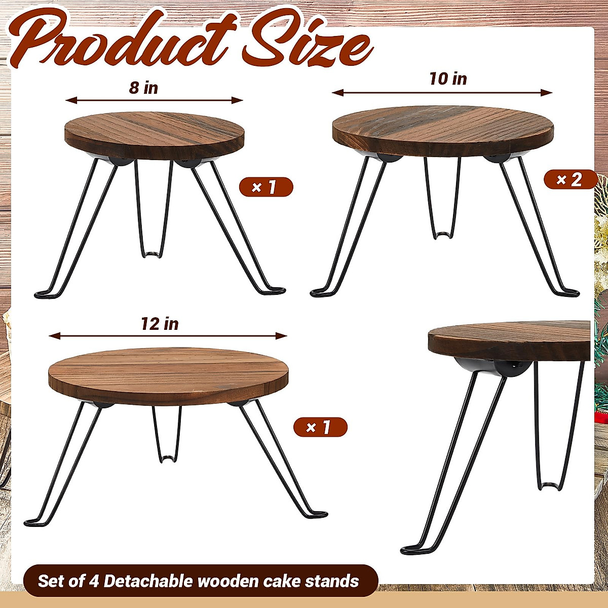 Mifoci 4 Pcs 8"/10''/12'' Wood Cake Stand Rustic Wooden Cake Stand Holder Tray Rustic Wedding Cake Pedestal Stand Cupcake Tray with Metal Leg for Christmas Wedding Birthday Baby Shower