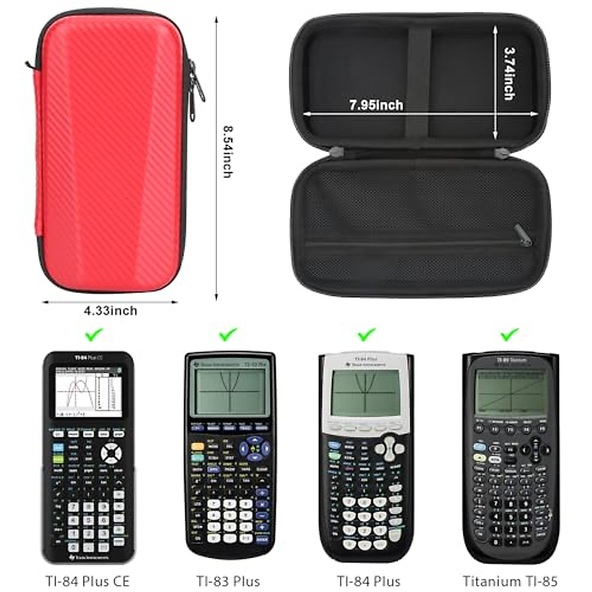 Graphing Calculator Case for Texas Instruments TI-84 Plus CE/TI-83 Plus CE/TI-84 Plus/Casio fx-9750GII, Storage Box Protective Pouch with Zipped Pocket for USB Cables, Pencil, Ruler, Manual, (Red)