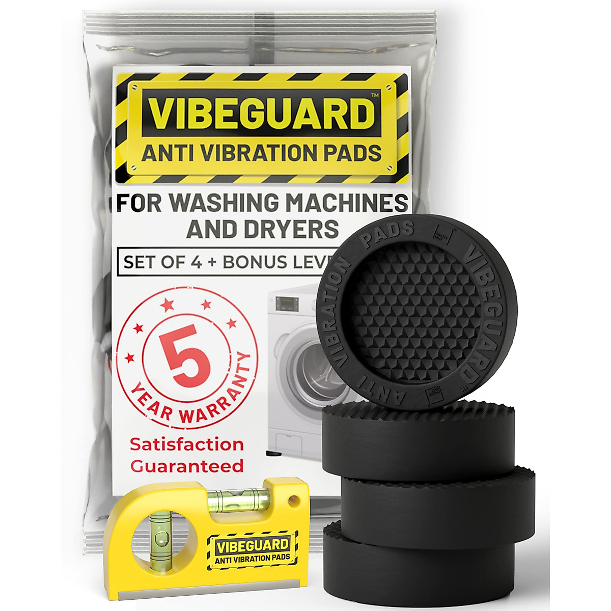 Anti Vibration Pads for Washing Machine featuring 3D TrianGrip & FREE Level Tool - Larger Opening Fits All Washer Feet - Stops Moving, Walking - Prevents Noise, Vibration Transfer - VIBEGUARD 4 Pack