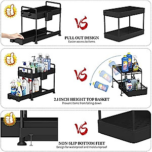 SOYO Under Sink Organizers and Storage 2 Pack, Bathroom Organizer Under Cabinet Storage, Undersink Sliding Basket Drawer for Kitchen Organization, Pull Out Shelf with Handles, Hanging Cups, Black