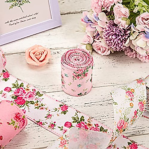 Whaline Floral Wired Edge Ribbon 4 Rolls Rose Flower Pattern Ribbon Spring Summer Fabric Decorative Craft Ribbon Roll for Gift Wrapping Decor Hair Bow Sewing Wreath Crafts, 20 Yard x 2.5 Inch