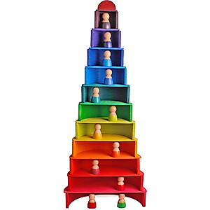 Dinhon 12 Wooden Rainbow Dolls Friends Toys Toddler Wooden Peg Bodies Baby Kids Wooden Pretend Play for Toddlers People Figures Shape Preschool Learning Educational Toys Montessori Toys