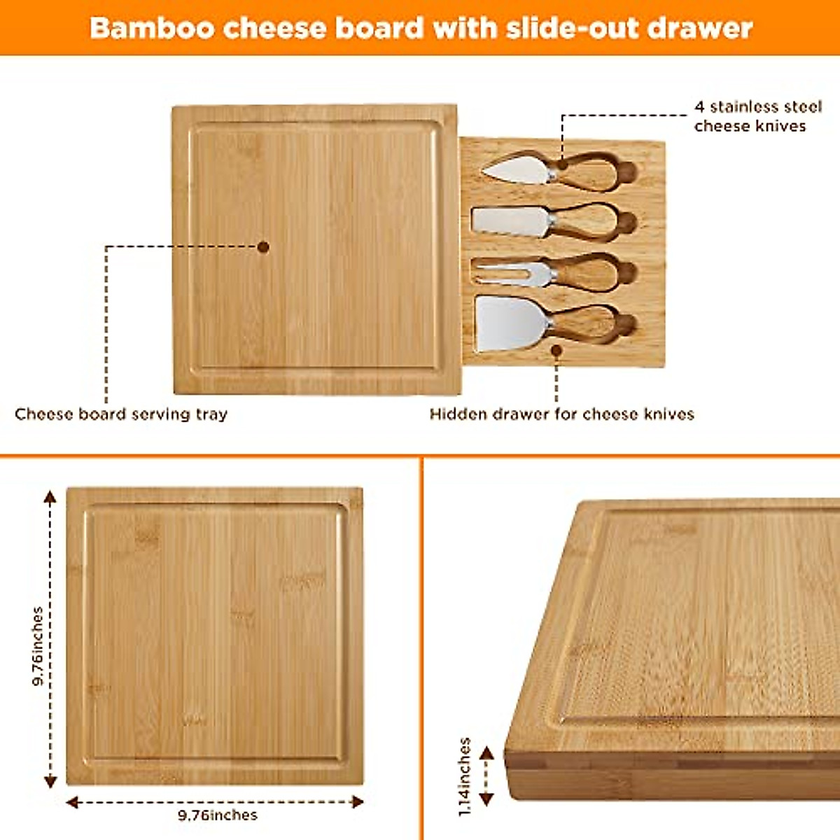 Yibidys Cheese Board Set, Charcuterie board Set, Bamboo Cheese Plate including Knife Sets, Cheese Tray with Slide-Out Drawer for Home and Gift