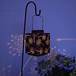 Elfengarden 36 Inch Solar Lantern with Shepherd Hooks - Metal Lanterns Decorative Warm White LED Light - Waterproof Powered Hanging for Patio Garden Pathway [Dandelion-B]