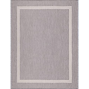 Beverly Rug Waikiki Indoor Outdoor Rug 8x10, Washable Outside Carpet for Patio, Deck, Porch, Bordered Modern Area Rug, Water Resistant, Grey - White