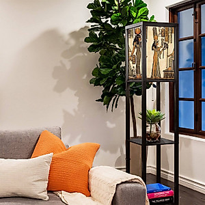 CVNWGKOMQP Ancient Egyptian Papyrus Stock Illustration Floor Lamp with Shelves Tall Standing Lamp Wood Standing Light Linen Shade Bedside Lamp for Living Room Bedroom Modern Home Decor