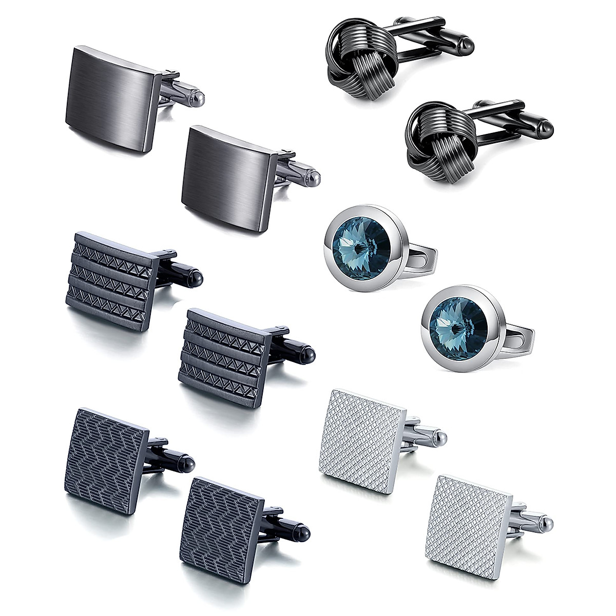 Akeoqi 6 Pairs Cufflinks for Men Classic Tone Cufflinks Striped Disc Square CZ Spherical Knot Rectangle Cuff Links Shirt Suit Cufflinks