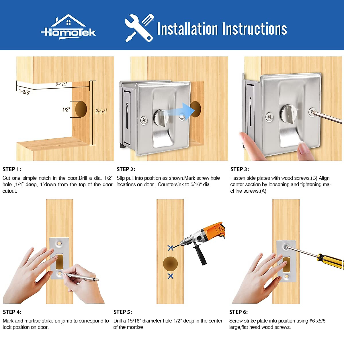 HOMOTEK 2 Pack Privacy Pocket Door Lock Hardware with Pull - Replace Old Or Damaged Sliding Door Locks Quickly and Easily, 2-3/4”x2-1/2”, for 1-3/8” Thickness Door, Brushed Nickel