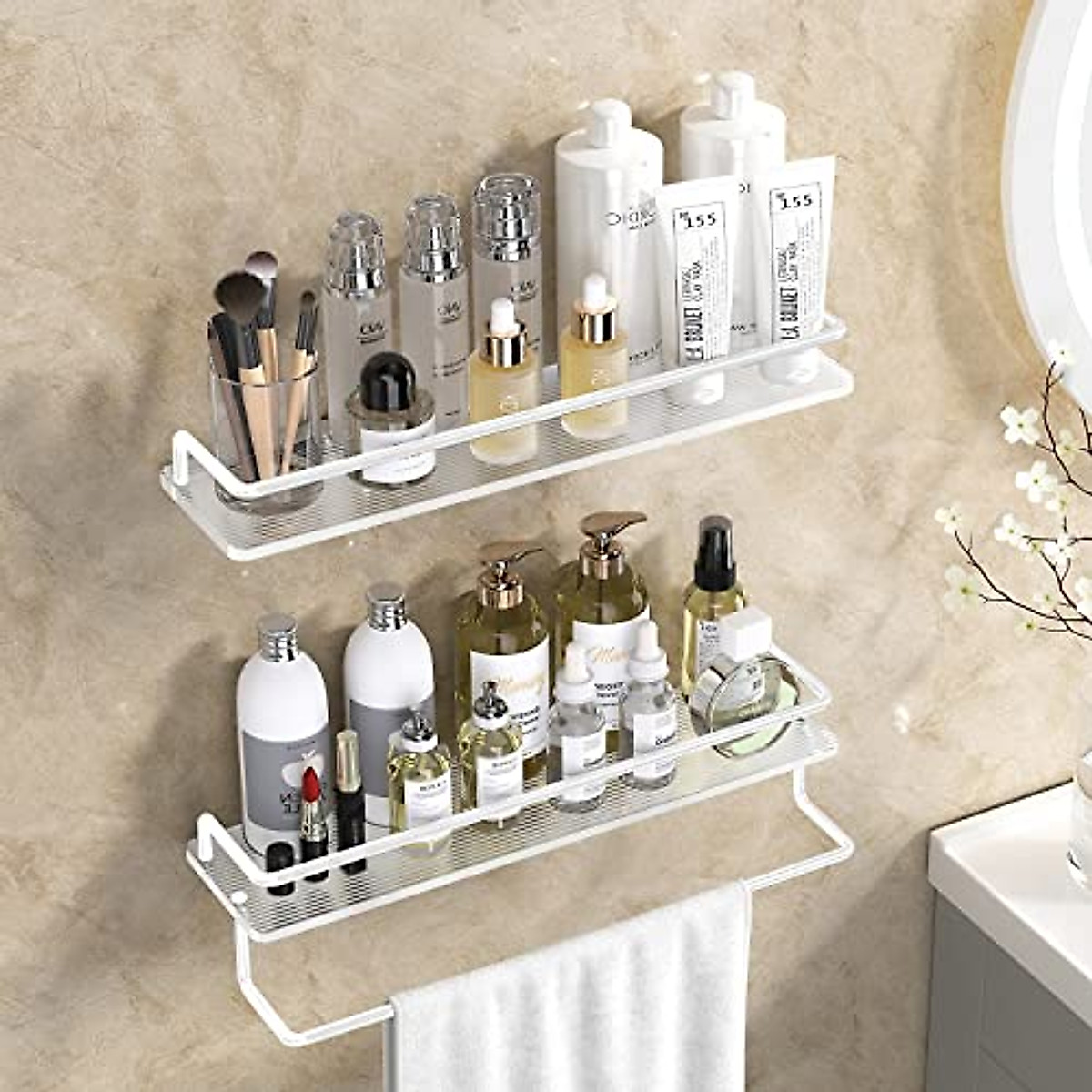 Acliys Floating Shelves Arcylic Bathroom Shelves with Towel Bar Wall Mounted Storage Shelves for Bathroom/Living Room/Kitchen/Bedroom Set of 2（White）