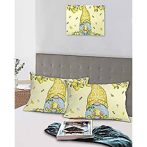 Edwiinsa Summer Lemon Pillow Covers Queen Size Set of 2 20x30 Bed Pillow, Spring Floral Gnomes Rustic Yellow Plush Soft Comfort for Hair/Skin Cooling Pillowcases with Envelop Closure