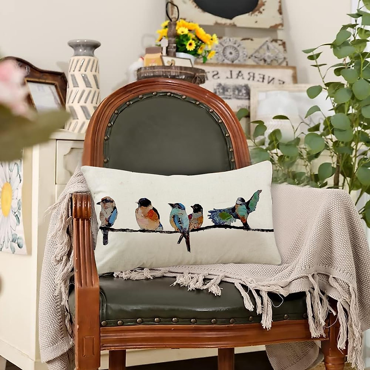 RABUSOFA 12x20 Lumbar Pillow Decorative Throw Pillows,Small Hand-Painted Outdoor Birds Pillowcases,Spring Summer Pillows Decorative Throw Cushion Covers Linen for Couch Sofa Teal Blue