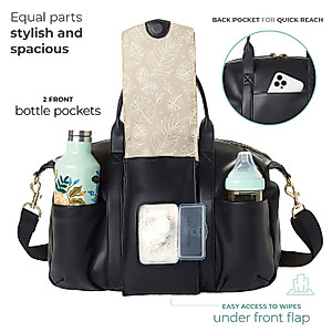 TWELVElittle Peek A Boo Vegan Leather Satchel Diaperbag - Baby Bag with Wipes Pouch, Stroller clips and Diaper Changing Mat, Black, Vegan Leather