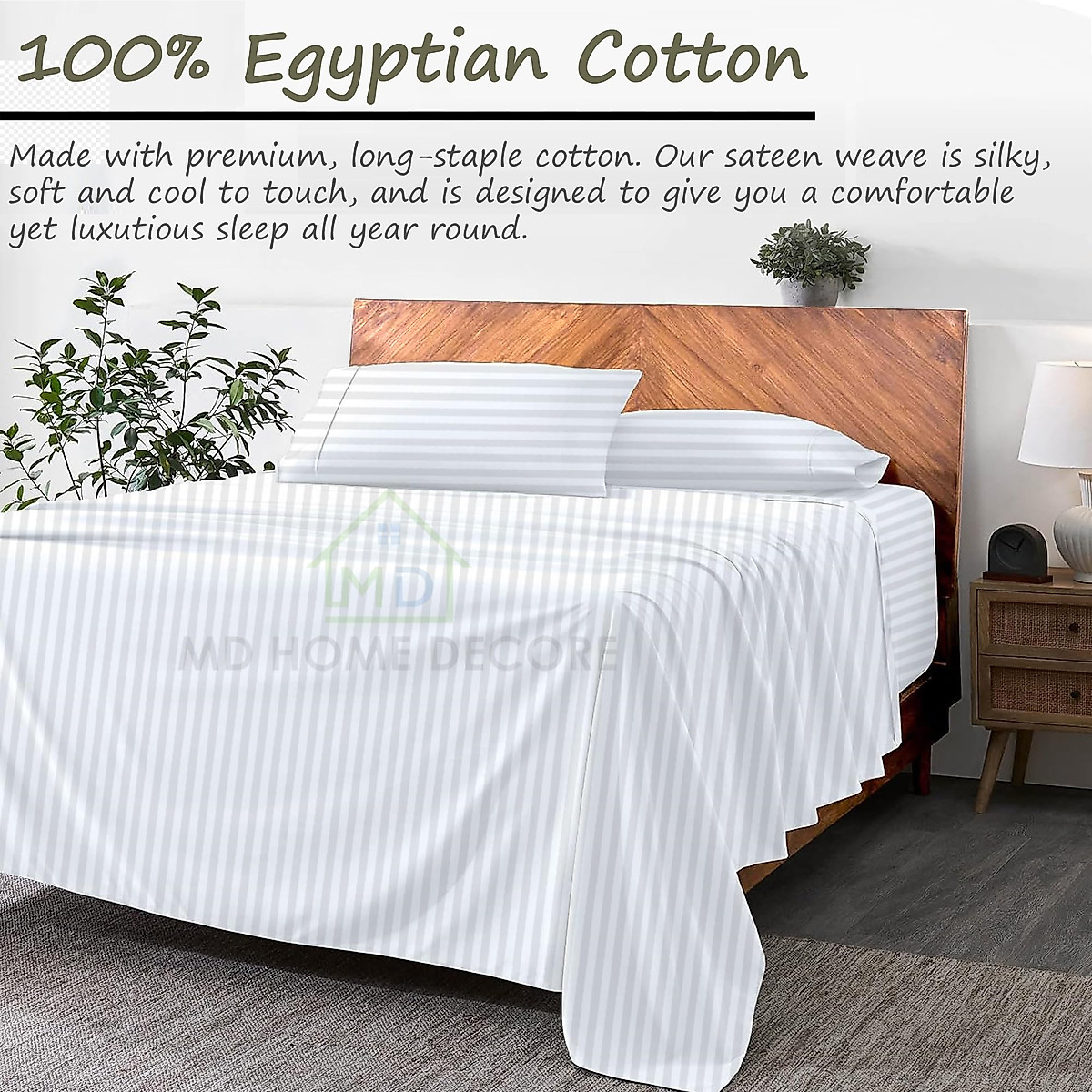 Extra Deep Pocket Sheets (4-Piece) 100% Egyptian Cotton 400 Thread Count Bed Sheet Set 22 inch Deep Pocket of Fitted Sheet with Elastic All Around (Queen, White Stripe)