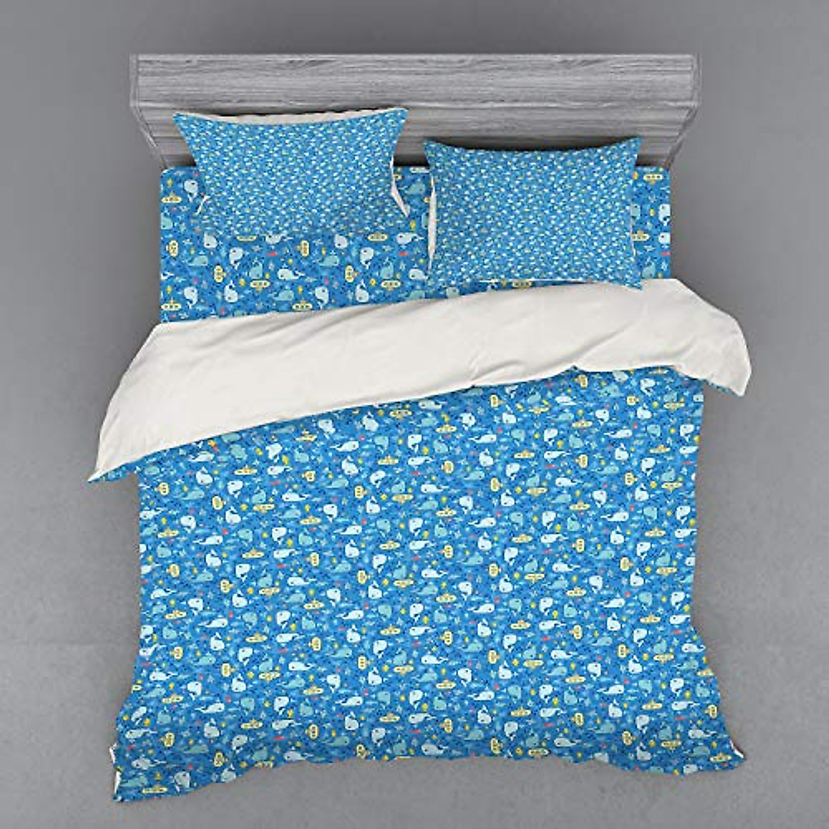 Ambesonne Yellow Submarine Duvet Cover Set, Sharks Whales and Fishes with Submarine Pattern Cartoon, 3 Piece Bedding Set with Sham and Fitted Sheet, King Size, Multicolor