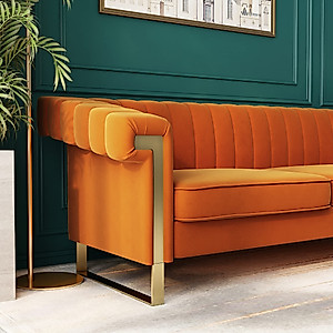 STORFENBOR 83'' Velvet Sofa, Chesterfield Velvet Upholstered Mid-Century Modern Loveseat, Ring Anti-Crash Design Armchair Feet, 3 Seat Living Room Apartment Large Comfort Sofa (Orange)