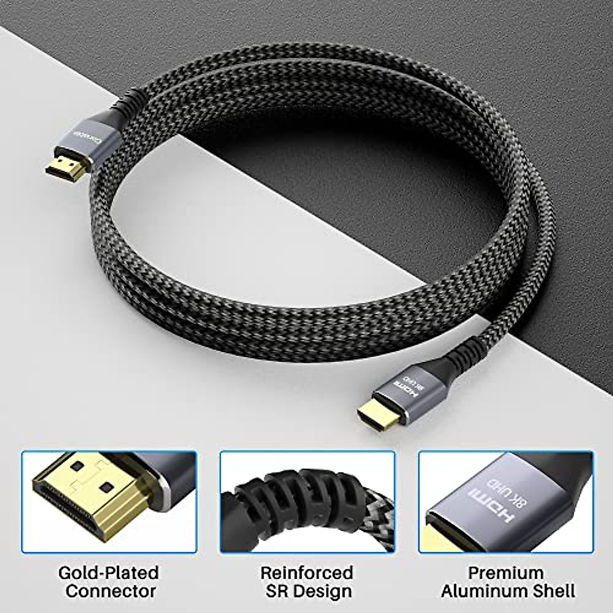 Certified HDMI Cable, Real 8K 2.1 Cable 2 Feet (2 Pack), 48Gbps, Short Ultra HD Braided Cord, Supports 8K@60Hz 4K@120Hz, eARC, HDR, HDCP 2.2 2.3, for Laptop, Monitor, Switch, PS5/PS4, Xbox, UHD TV