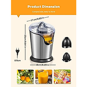 Aiheal Electric Citrus Juicer, Orange Juicer Squeezer with Two Interchangeable Cones Suitable for All Size of Citrus Fruits, Anti-drip Spout and Ultra Quiet Motor, BPA Free, Brushed Stainless Steel