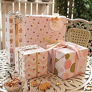 PLULON 6 Sheets Gold and Pink Birthday Gift Wrapping Paper, Gold Pink Gift Wrap Paper for Wedding, Birthdays, Hen Party, Baby Shower Decorations