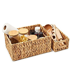 EZOWare Natural Water Hyacinth Baskets, Set of 3 Woven Wicker Rectangular Storage Organizer Bin Boxes with Handles for Closet Toys Clothes Kids Room Nursery - 2 Sizes