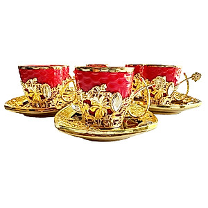 Chandler Turkish Coffee Set Espresso Greek Arabic Coffee Cup and Saucer 3 Fl oz with Gold Acrylic Gift Box Collection of 7 Colors and Designs (Red With Gold and White Gem)