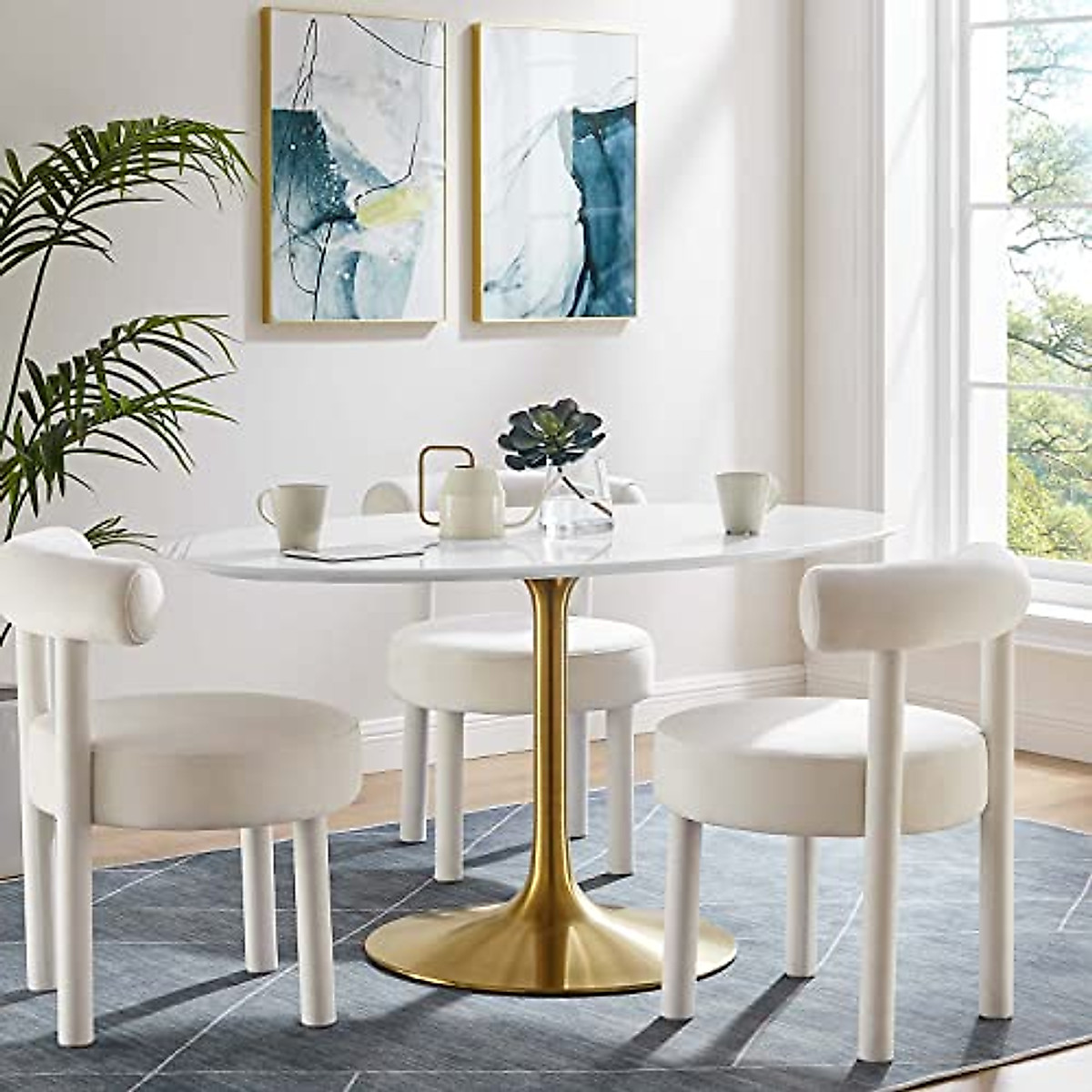 Modway Lippa 60" Oval-Shaped Mid-Century Modern Dining Table with White Wood Top and Gold Base