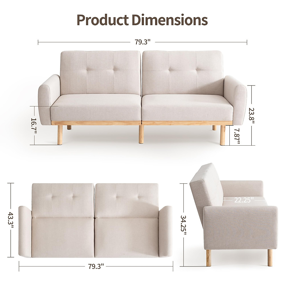 Hcore Convertible Futon Bed Couch, 79" Inch Linen Fabric Memory Foam Mid Century Modern Sleeper Armrest, Small Splitback Loveseat Sofa Cama Sofabed, Beige