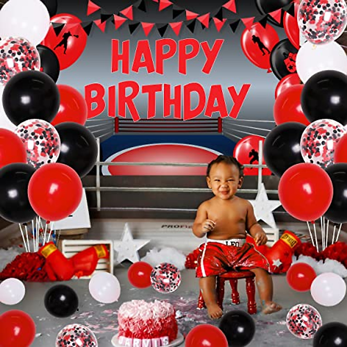 Boxing Birthday Party Decorations Boxing Match Red and Black Balloon Garland Kit Happy Birthday Backdrop Wrestling Party Decors Fight Sports with Championship Trophy Foil Balloon for Kids Men Women