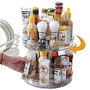 FIVOF Lazy Susan Round Plastic Clear Rotating Turntable Organization Storage Container Bins for Cabinet Pantry Fridge Kitchen Vanity Spinning Organizer for Spices Condiments (2-Tire-1-Pack, 9 inch)