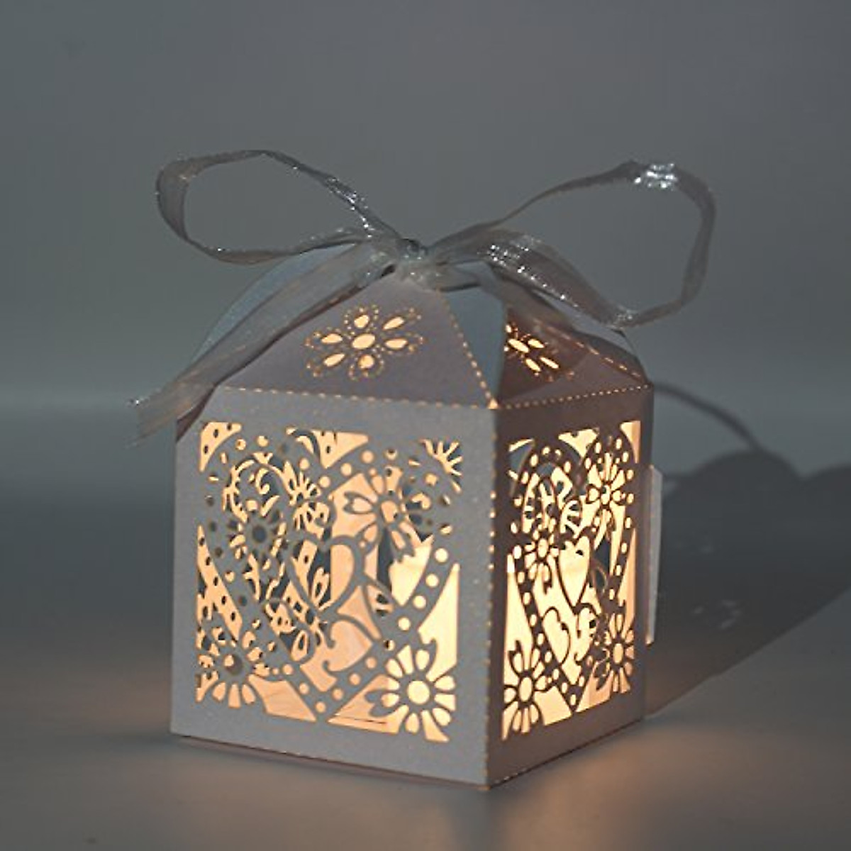 KPOSIYA 100 Pack Love Heart Laser Cut Wedding Party Favor Box Candy Bag Chocolate Gift Boxes Bridal Birthday Shower Bomboniere with Ribbons