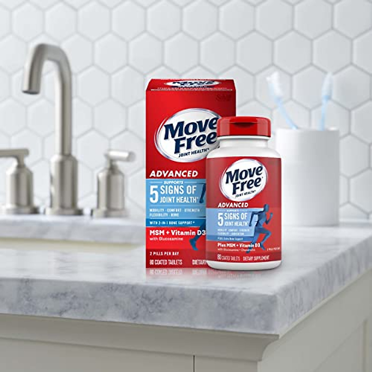 Glucosamine Chondroitin MSM & Vitamin D3 Joint Health Supplement, Move Free Advanced Joint Support Tablets For Men & Women (80cnt box), With Vitamin D3 To Support Bone & Immune Health