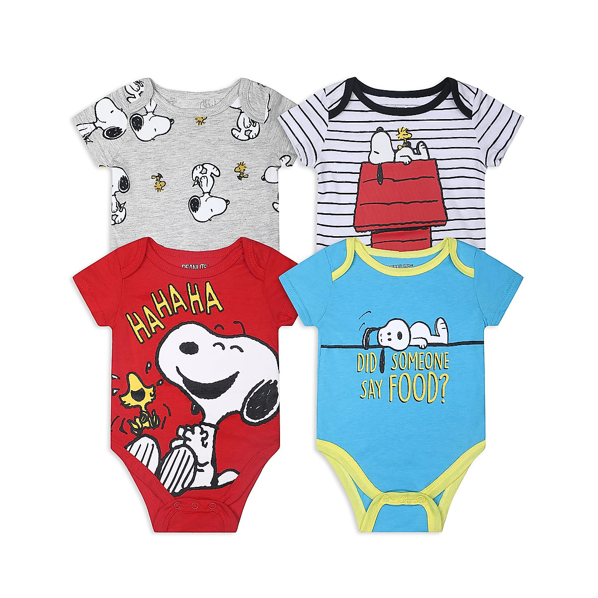 Peanuts Snoopy Boys 4 Pack Short Sleeve Bodysuit for Newborn and Infant