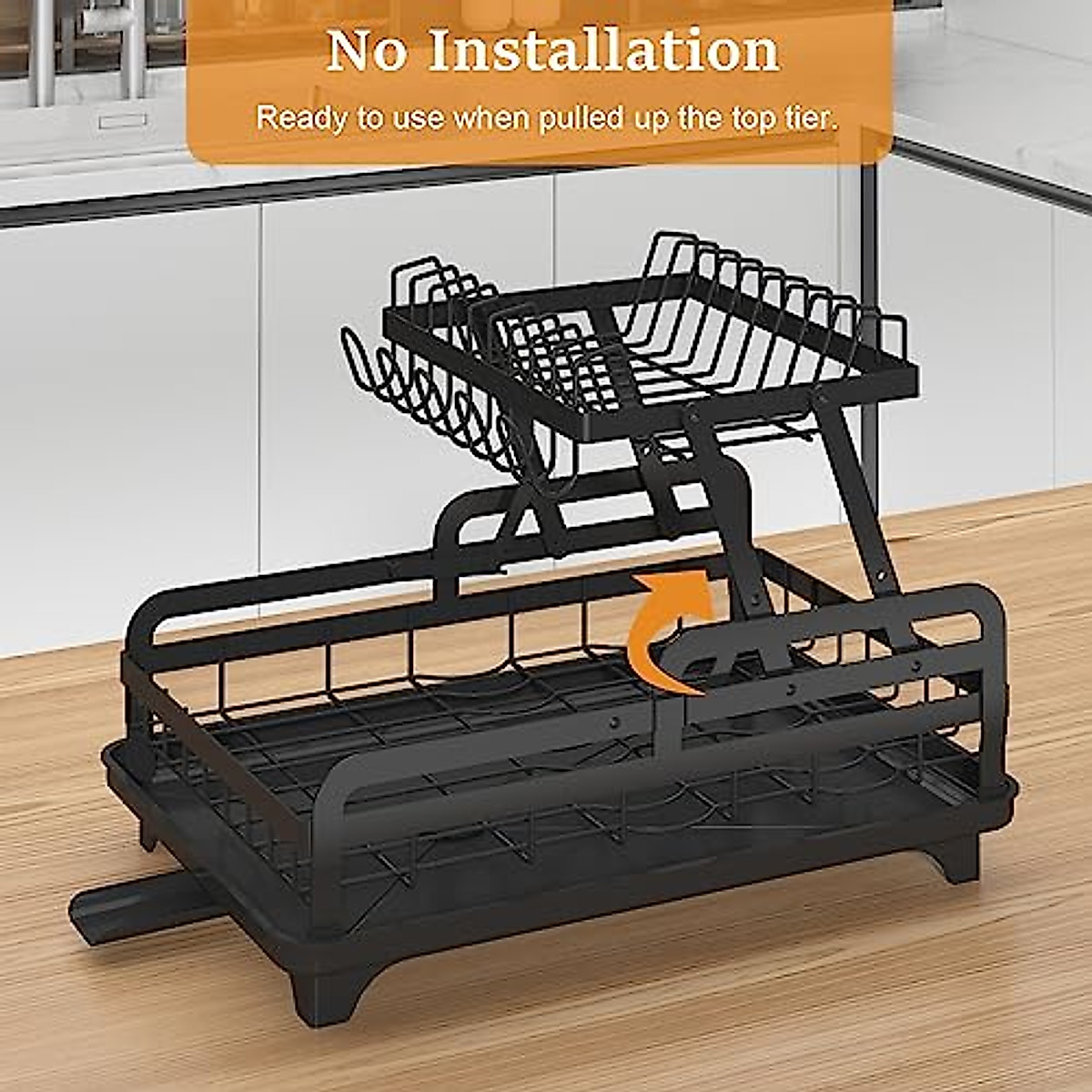 bukfen New Over The Counter Dish Rack(16.3 * 11.4 * 10.8in, Black), 2-Tiers, No Installation Stainless Steels Multifunctional Dish Drying Rack for Draining Plates
