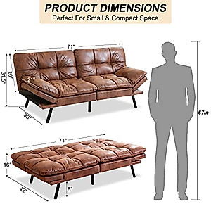 Opoiar Futon Sofa Bed Couch Sleeper Sofa Convertible Small Love Seat Memory Foam Brown Faux Leather Sofa for Living Room Apartment Office, Easy to Assemble, Great Addition
