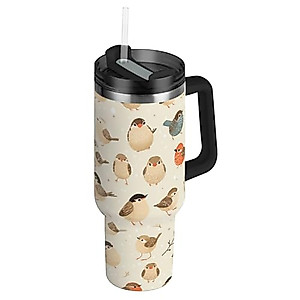 linqin Little Birds Beige Vacuum Insulated Tumbler with Straw Leak Resistant Flip 30 oz Kids Water Bottles Wide Mouth Coffee Mug Travel for Home, Office or Car