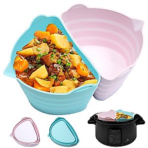 Silicone Crock Pot Liner-Crockpot Divider Insert Fit 6-8 Quarts, Reusable Slow Cooker Silicone Liner, Foldable&Dishwasher Safe (Blue+Pink)