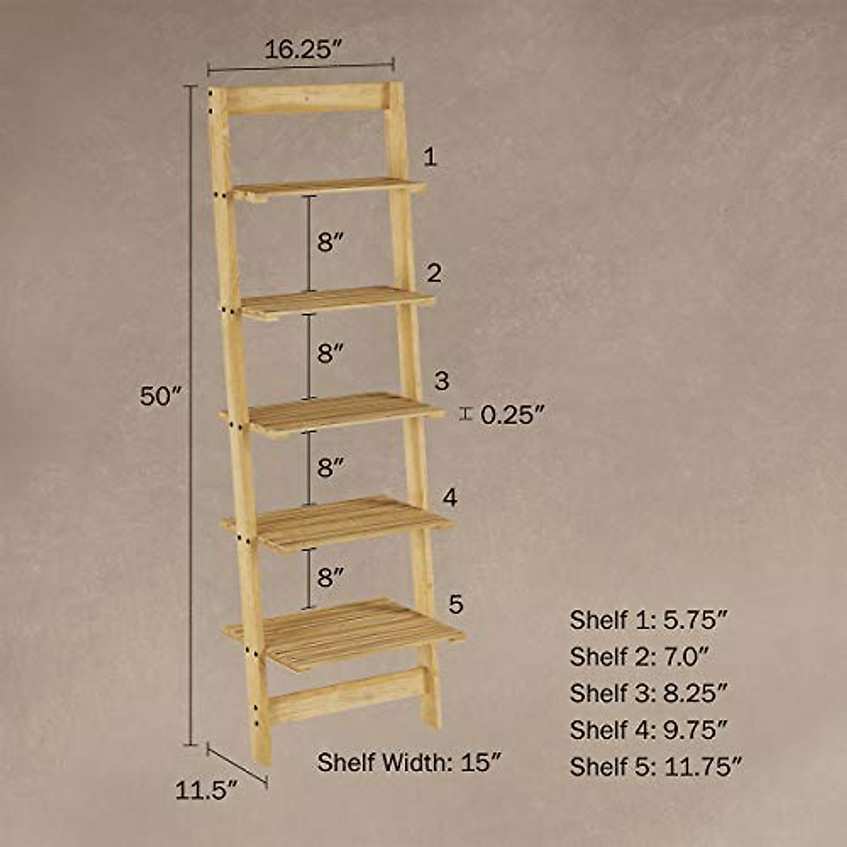 Lavish Home 5-Tier Ladder Bookshelf- Leaning Decorative Shelves, Pickled Oak Finish