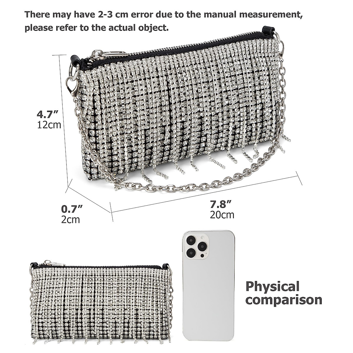 TUGONK Women's Glitter Crossbody Bags Rhinestone Clutch Purse with Tassel for Women Silver Crystal Bag
