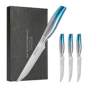 BECOKAY Steak Knives Set of 4, High Carbon German Stainless Steel Serrated Steak Knives, Ultra Sharp Steak Knife, Elegant Blue Kitchen Knife with Ergonomic Handle Gift Box for Mom Girlfriend Outdoor