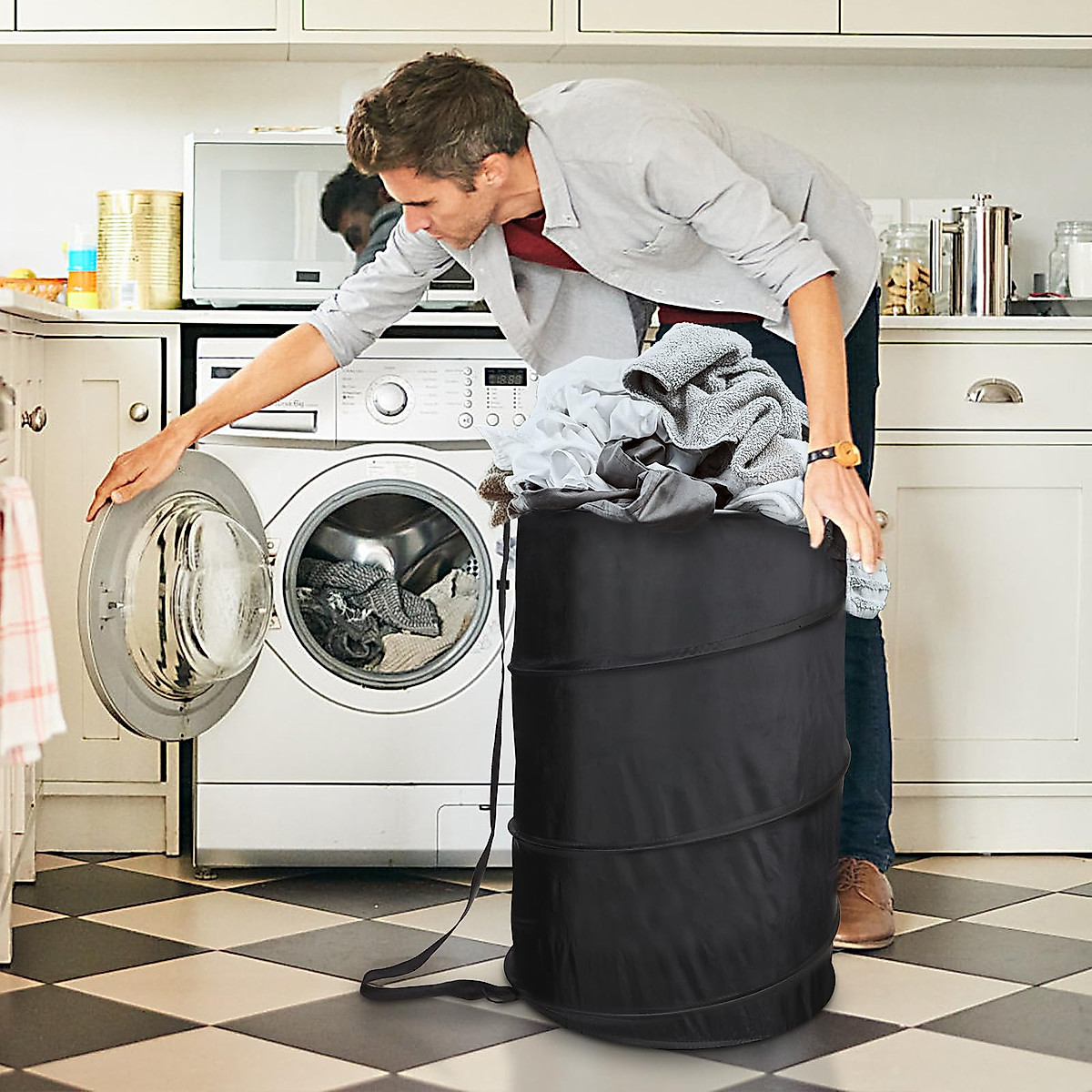 BATTOO Extra Large 107L Strong Laundry Hamper 17.5" x 27" Collapsible Laundry Baskets with Long Straps Drawstring Barrel Foldable Hamper for Laundry Room, Bathroom, Campout, College Dorm or Travel