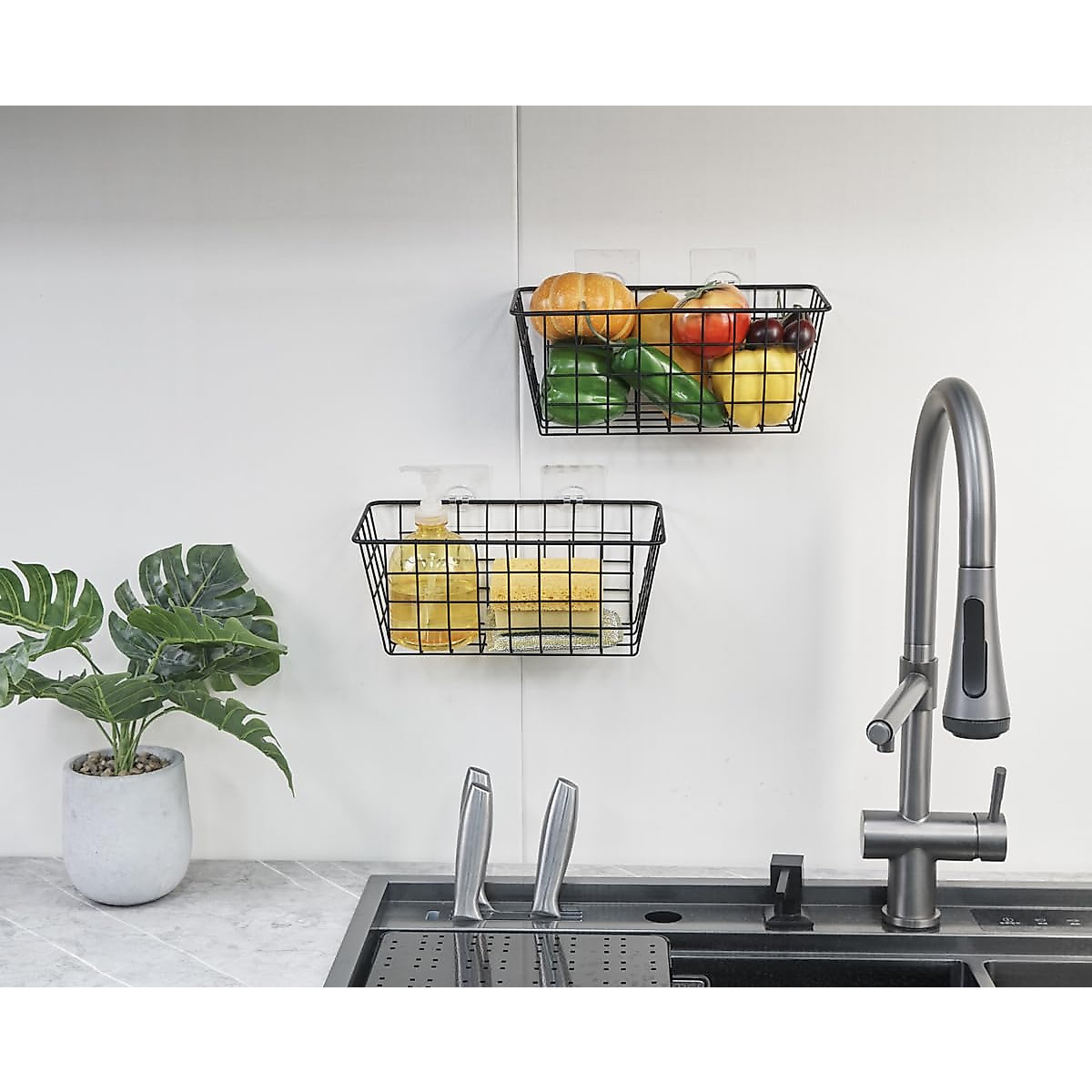 2 Pack Hanging Storage Basket, Bathroom Basket, Household Goods Storage Basket, with Traceless Tape, no Drilling, for Cabinet Storage, Kitchen, Bathroom, Storage Room (2 Black)