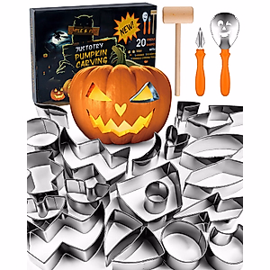 JUSTOTRY Pumpkin Carving Kit with Hammer Safe for kids, Halloween Pumpkin Cutter Tools, Durable Stainless Steel Non-knife Shaped Stencils, Pumpkin Carving Set for Adults, 23 PCS