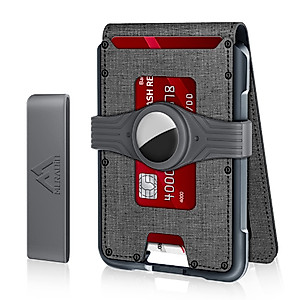 MURADIN Mens Wallet Tactical Bifold Wallets for Men Metal RFID Blocking Aluminum Minimalist Wallet Money Cards Holder Gifts for Men with Band Compatible with AirTag Grey PU (No Airtag)