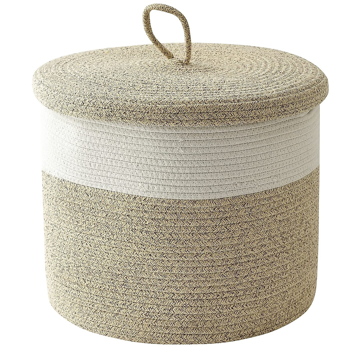 Tegance Blanket Basket with Lid, 16"D x 14"H Large Woven Rope Basket Laundry Basket Baby Toy Storage Basket Hamper Decorative Nursery Bin for Living Room Bedroom with Handles (Brown&White)