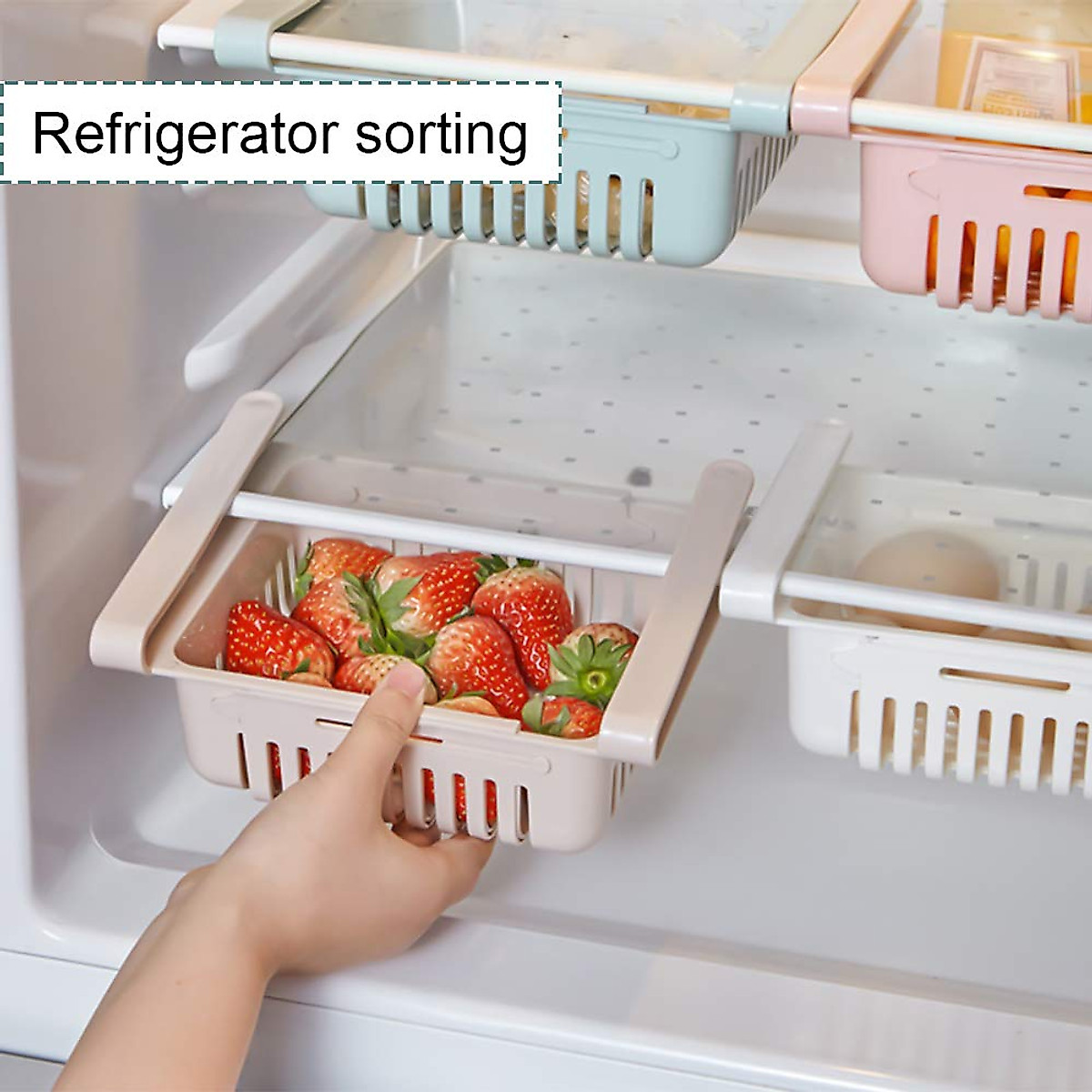2Pcs Fridge Drawer Organizer, Retractable Drawer Refrigerator Storage Box, Upgraded Pull Out Bins, Classifiable Fridge Shelf Holder Storage Box - Fit for Fridge Shelf Under 0.5 inch (White+Beige)